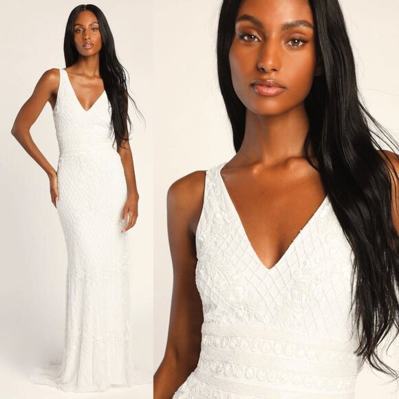 Lulus | Dresses | Nwot Lulus Simple Romance White Beaded Sequin Mermaid ...